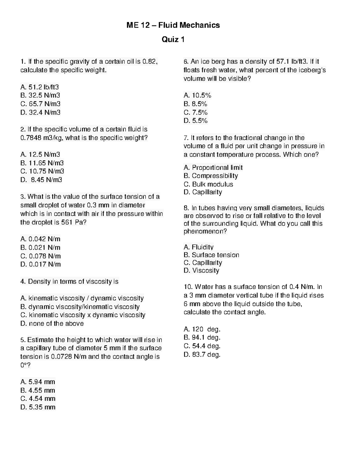 ME 12-QUIZ 1 - 321 - ME 12 – Fluid Mechanics Quiz 1 If the specific ...