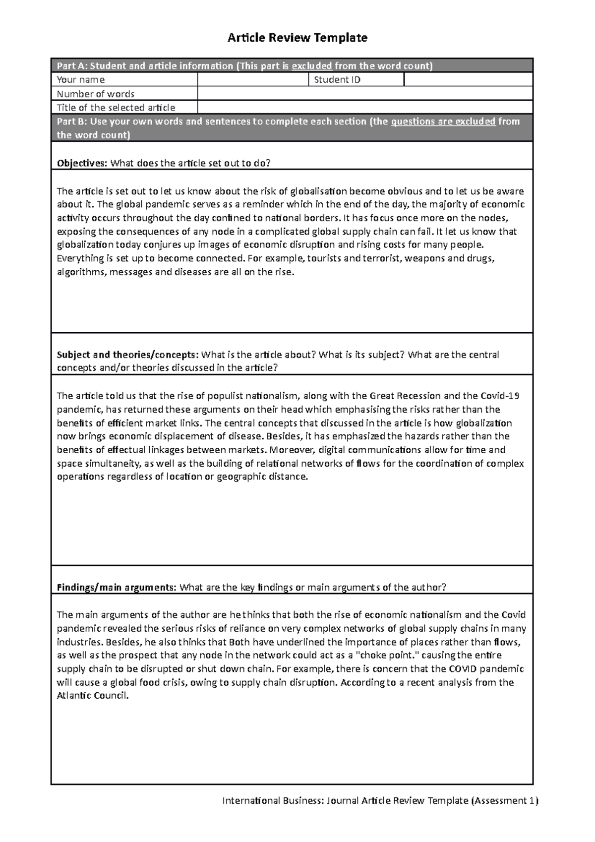 Article Review (23 July) - Article Review Template Part A: Student and ...
