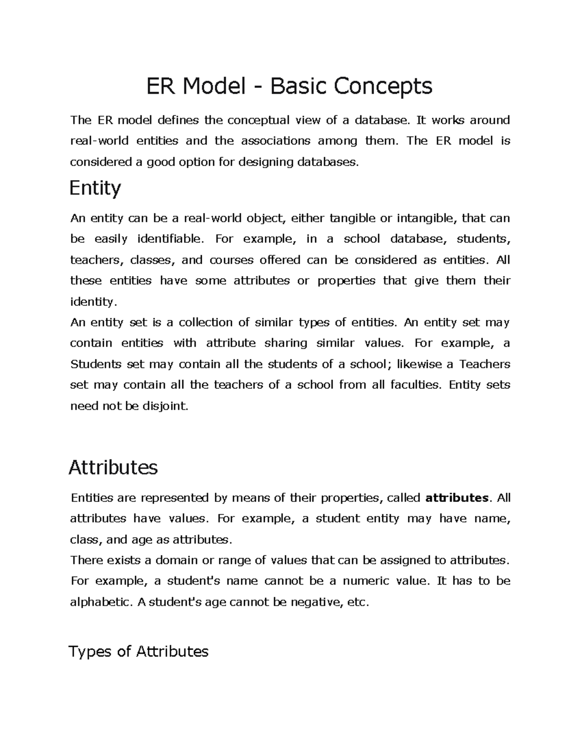 9 ER Model concepts - Summary computer science - ER Model - Basic Concepts The ER model defines ...