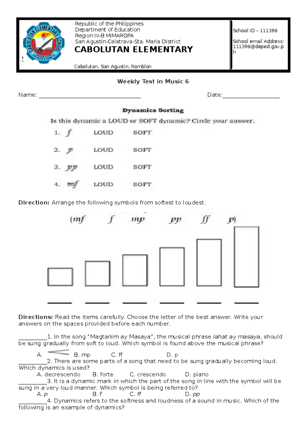 Weekly Test Music 6 3rd Quarter - Republic of the Philippines ...