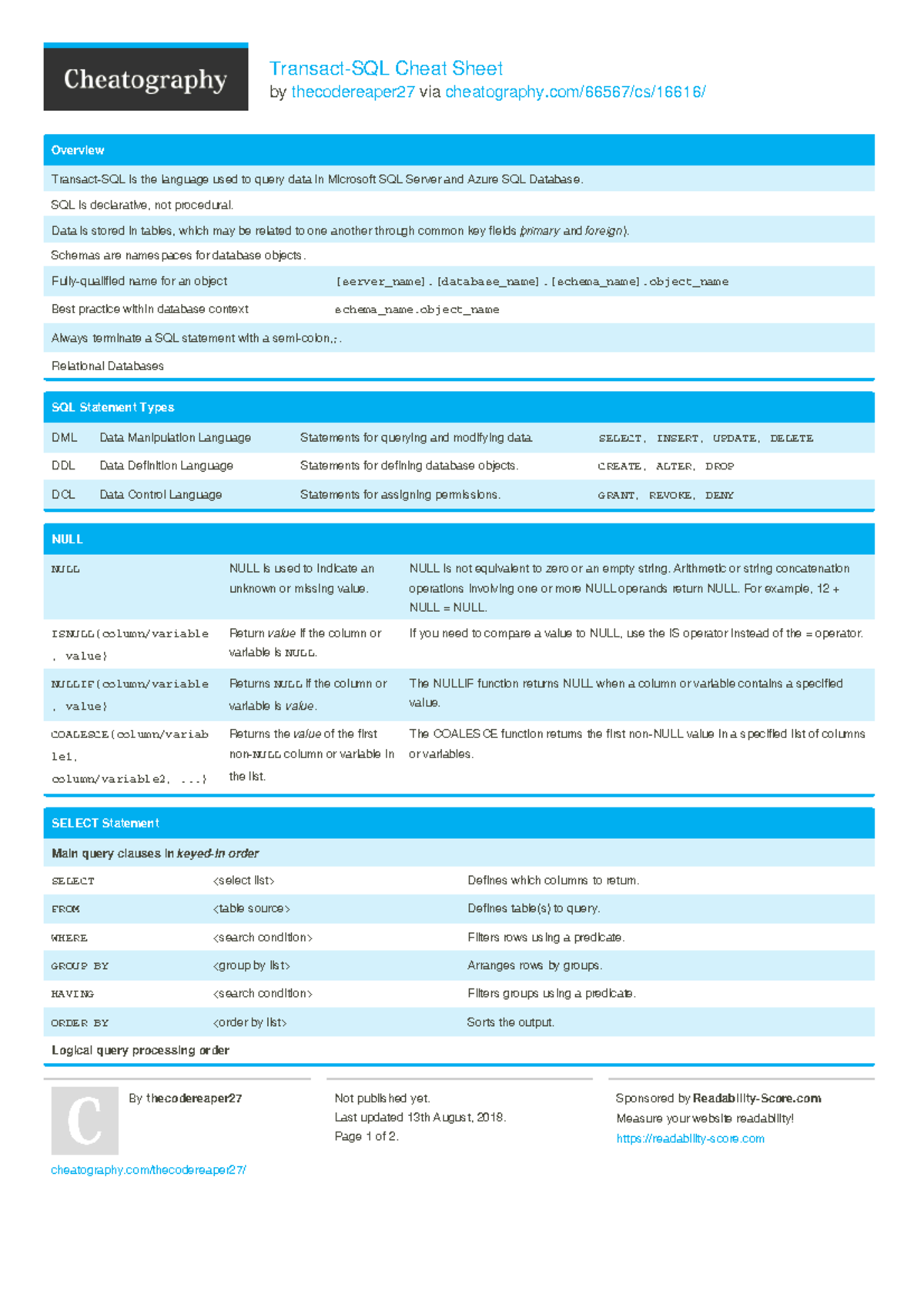 Transact-SQL Cheat Sheet (Cheatography) - Transact-SQL Cheat Sheet by thecodereaper27 via - Studocu