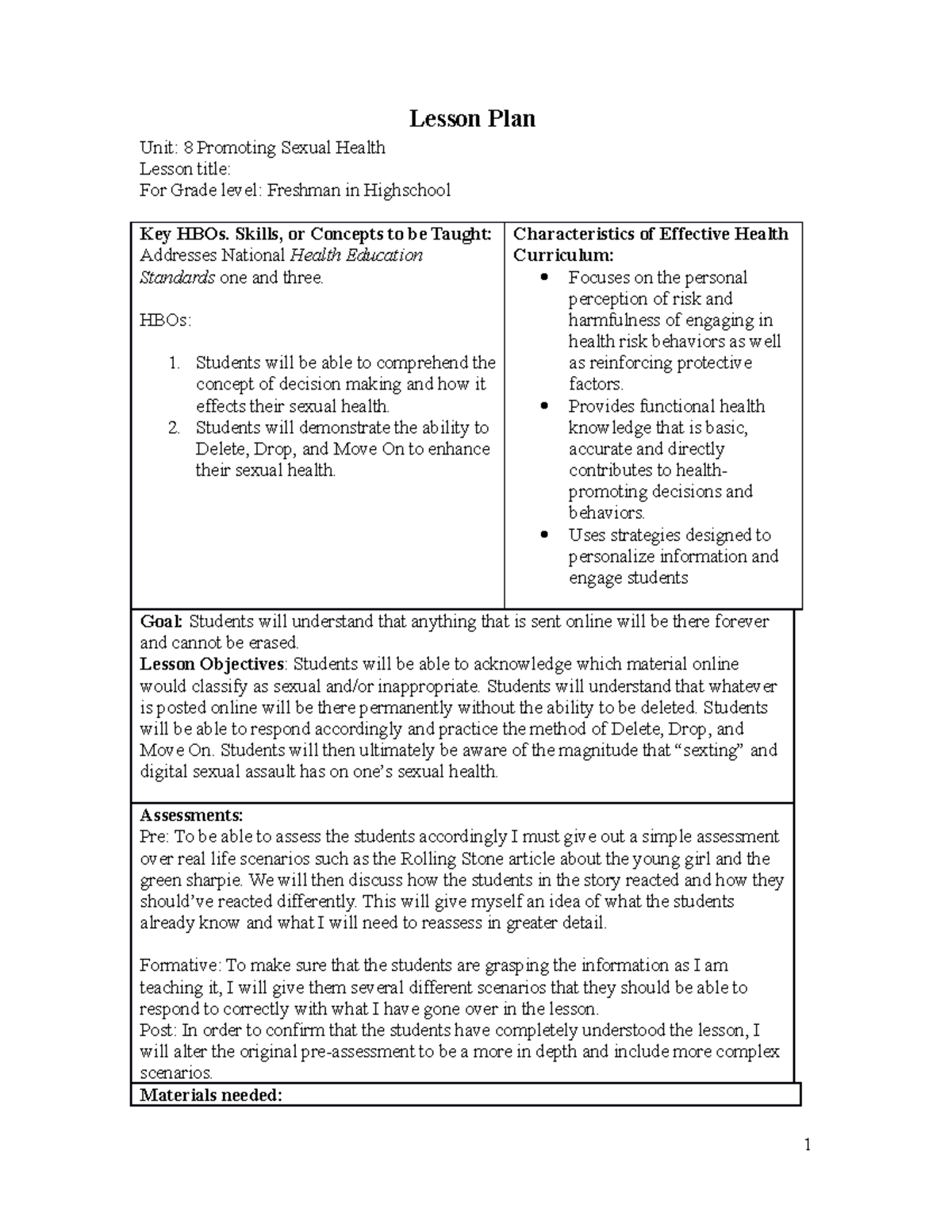 Lesson plan sexual health - Lesson Plan Unit: 8 Promoting Sexual Health ...