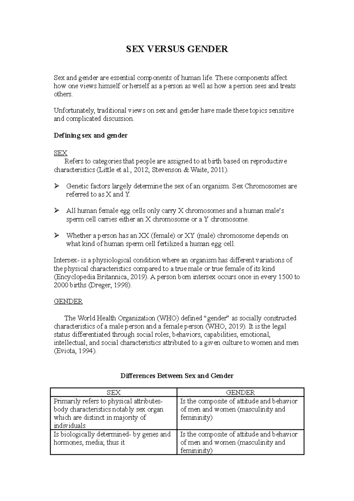 SEX VERSUS GENDER - SEX VERSUS GENDER Sex and gender are essential ...