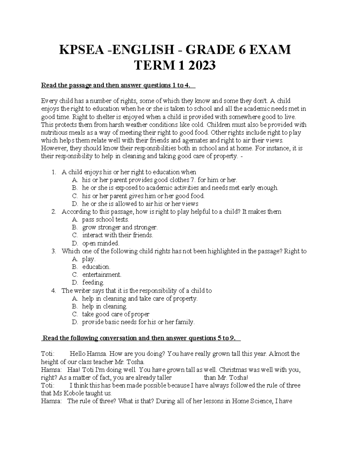 Kpsea- English - Grade7 - KPSEA -ENGLISH - GRADE 6 EXAM TERM 1 2023 ...