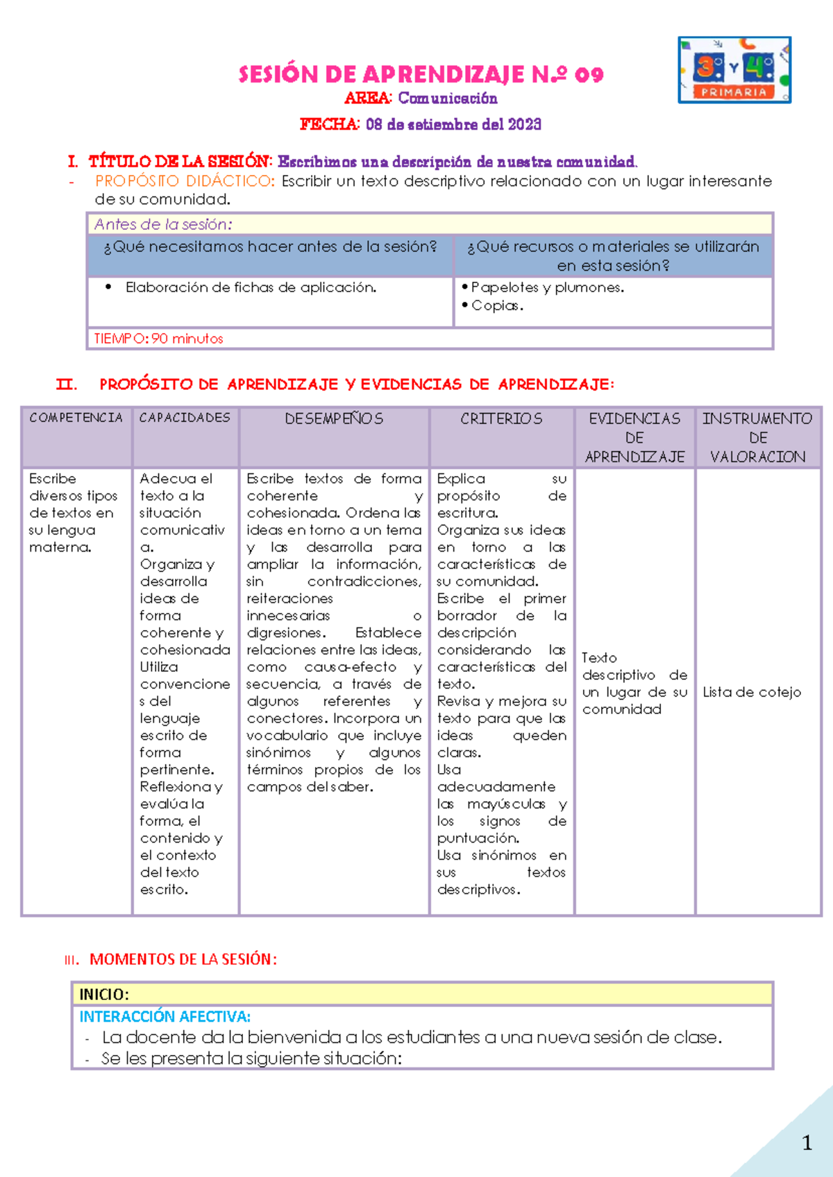 Sesion 09-IV Ciclo-COM-Escribimos una descripción de nuestra comunidad - SESIÓN DE APRENDIZAJE N ...