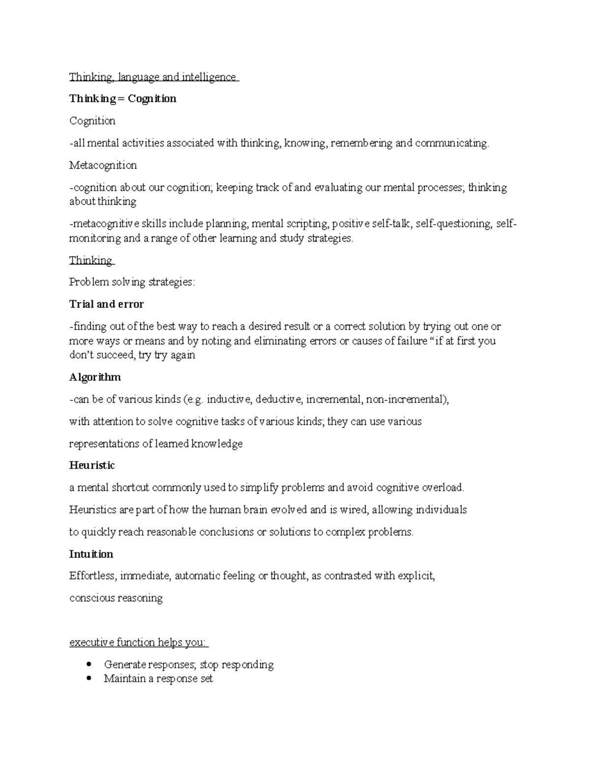 Chapter 9 notes - Thinking, language and intelligence Thinking ...