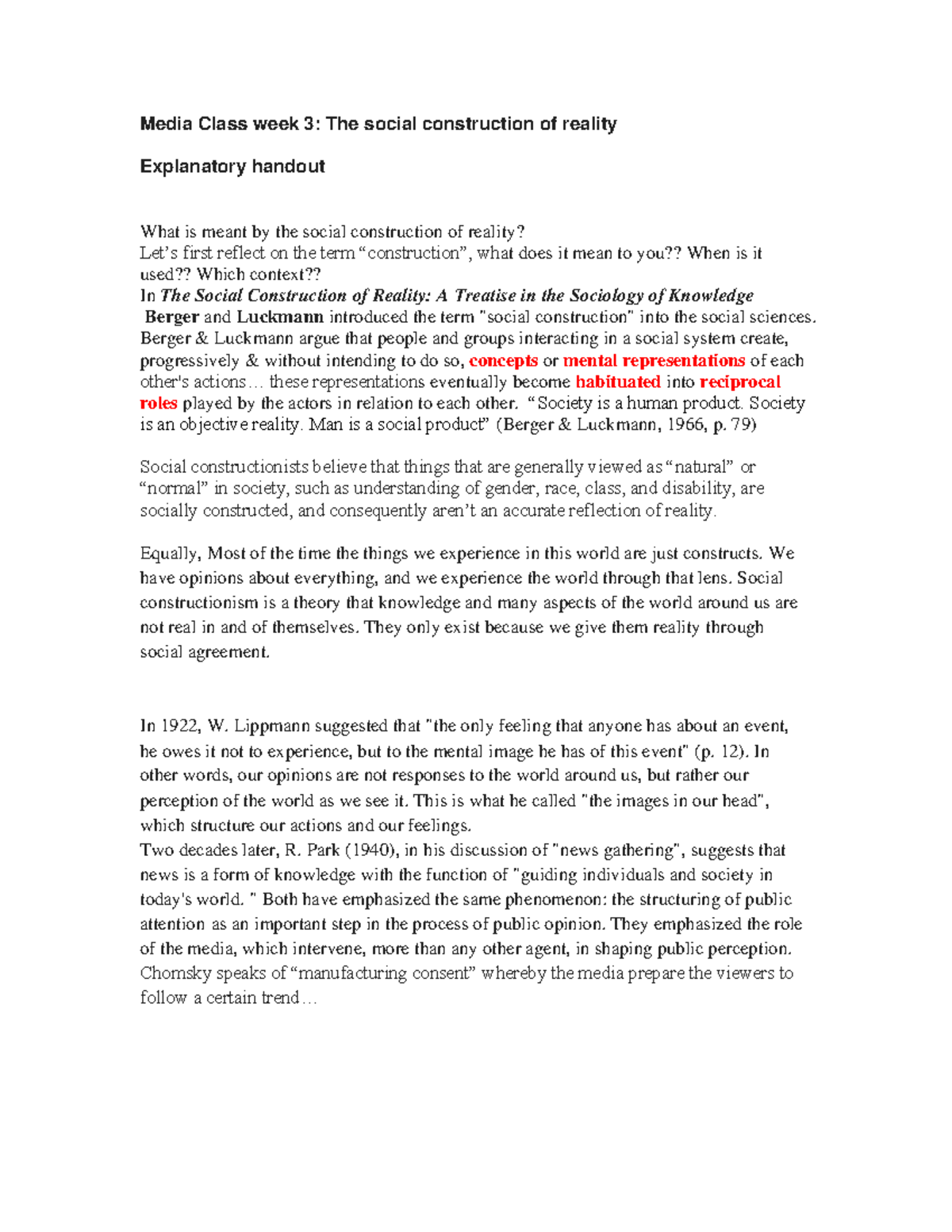 Media Class week 3 social construction of reality - Media Class week 3 ...