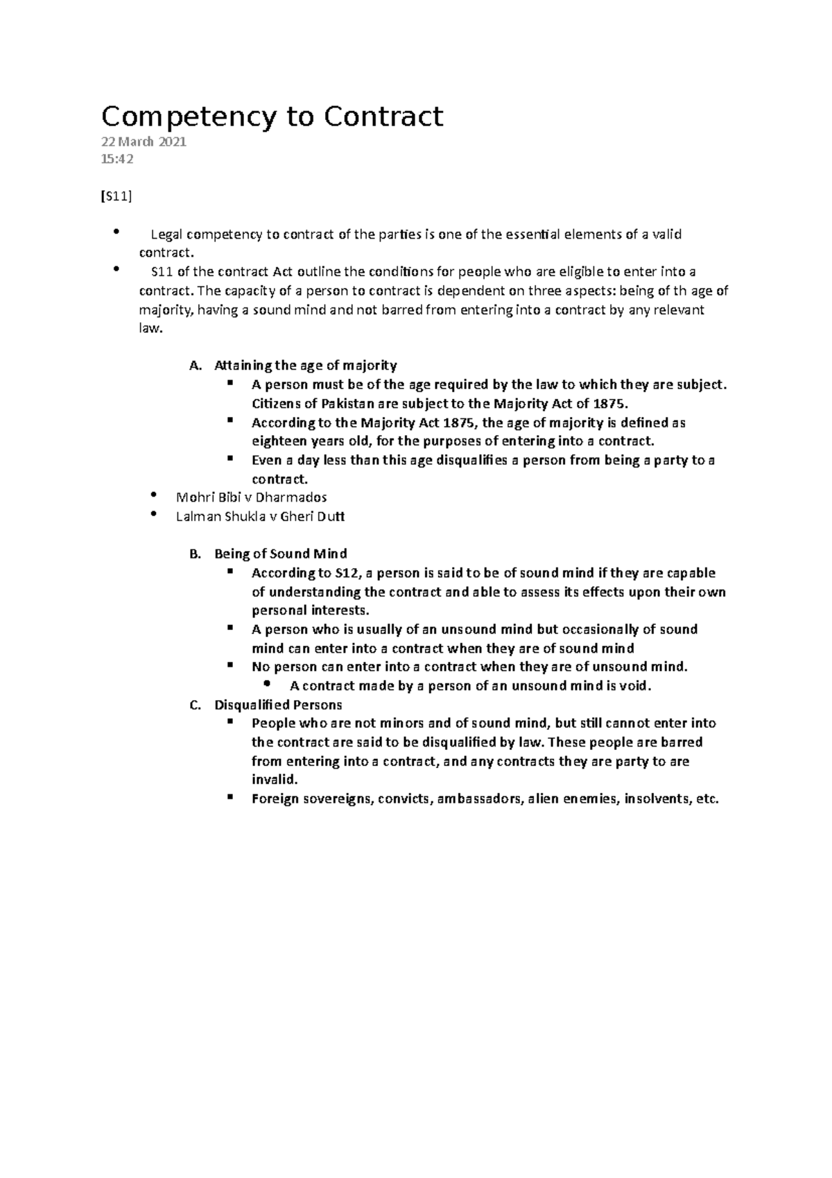 Competency to Contract - S11 of the contract Act outline the conditions ...