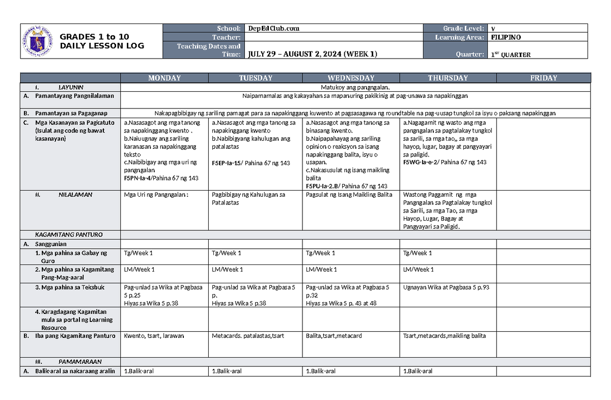 DLL Filipino 5 Q1 W1 - daily lesson log - GRADES 1 to 10 DAILY LESSON ...