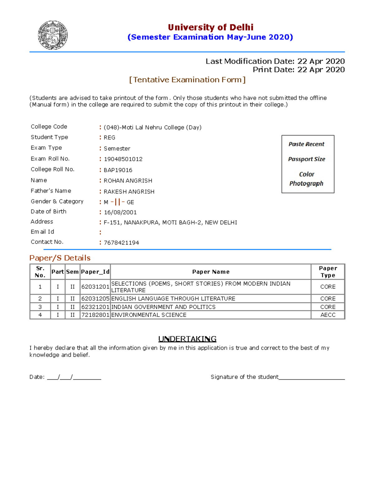 Exam form du pdf - xyz - University of Delhi (Semester Examination May ...