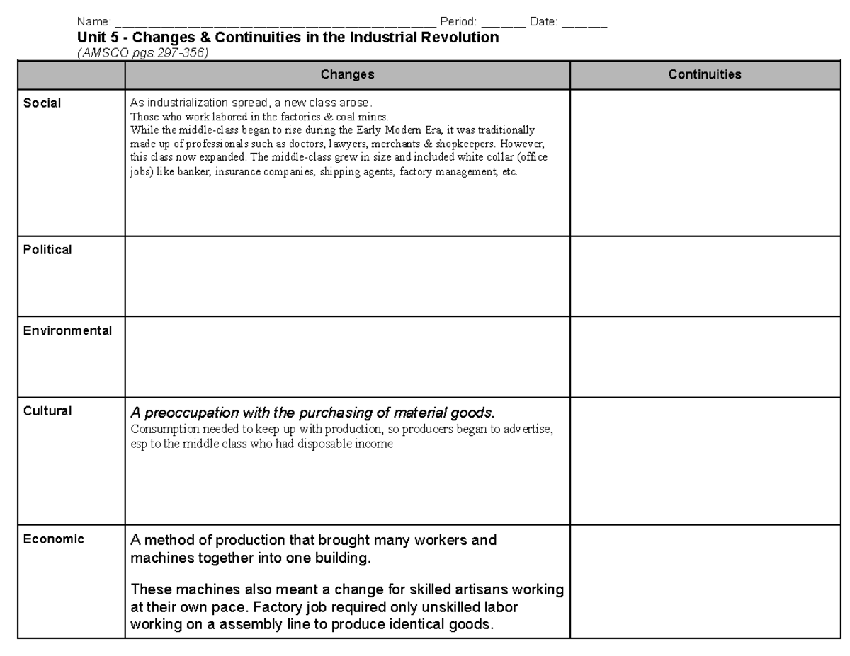 Unit 5 Changes & Continuities in the Industrial Revolution (1)-1 - Name ...