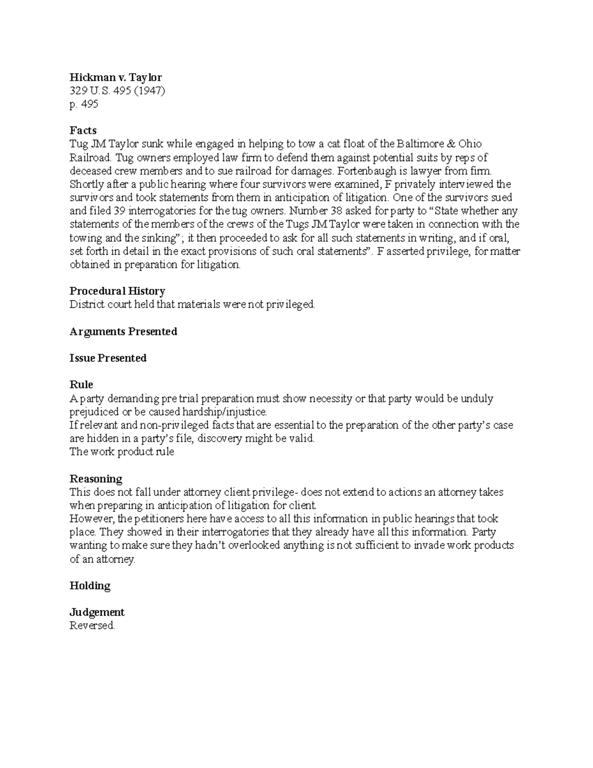 Hickman v Taylor - Case brief. - Hickman v. Taylor 329 U. 495 (1947) p ...