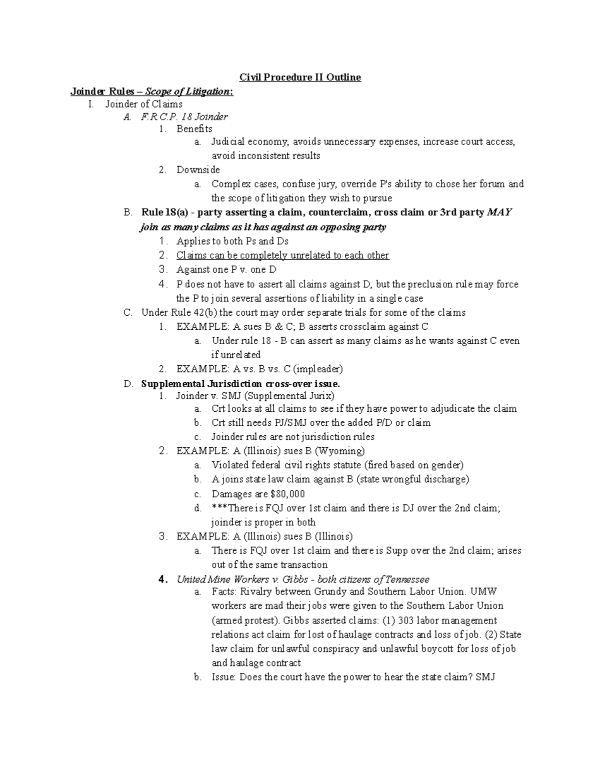 Civil Procedure II Outline - Civil Procedure II Outline Joinder Rules ...