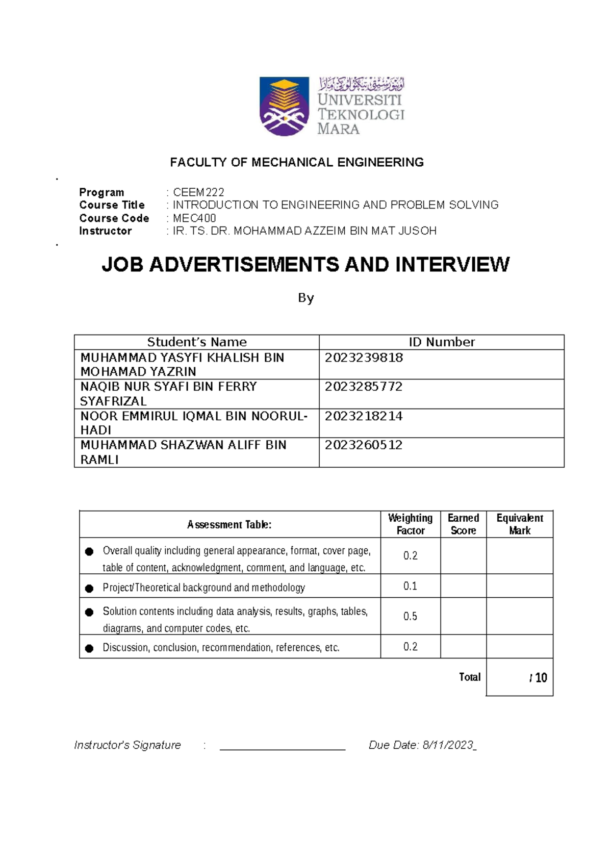 JOB ADS & Interview - ONTERVIEW A MECHANICAL ENGINEER - FACULTY OF ...