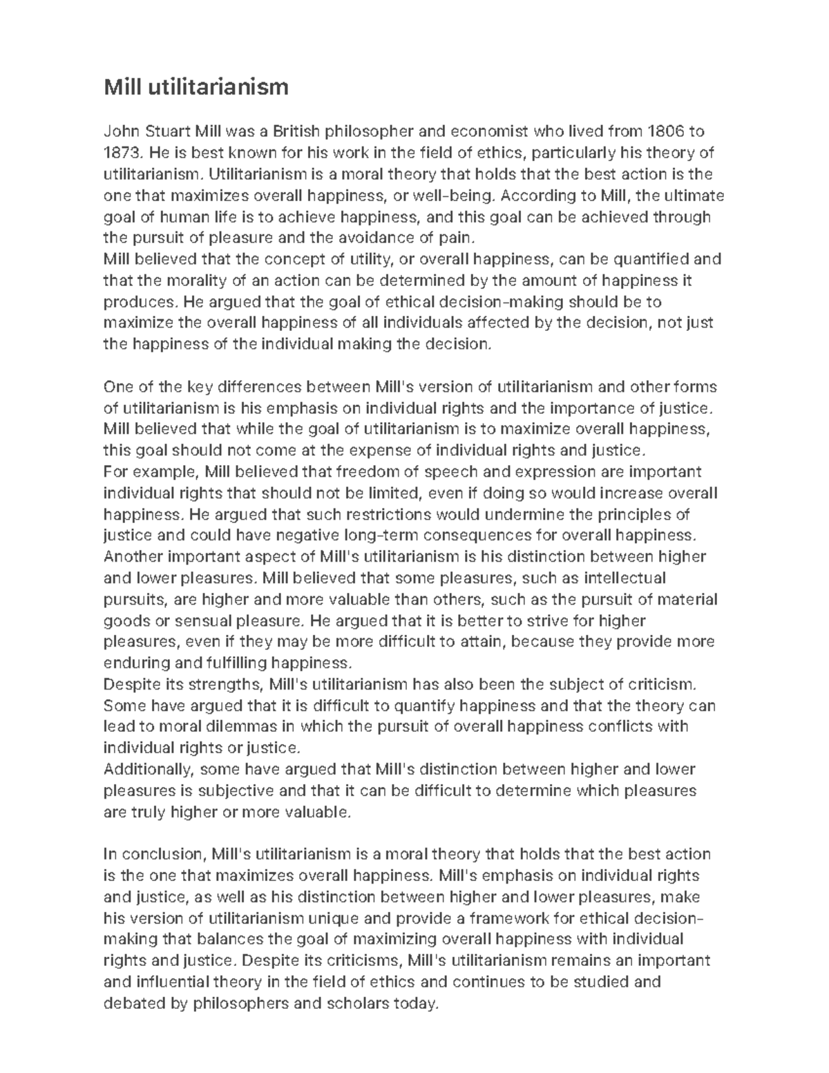 Mill utilitarianism - notes - Mill utilitarianism John Stuart Mill was ...