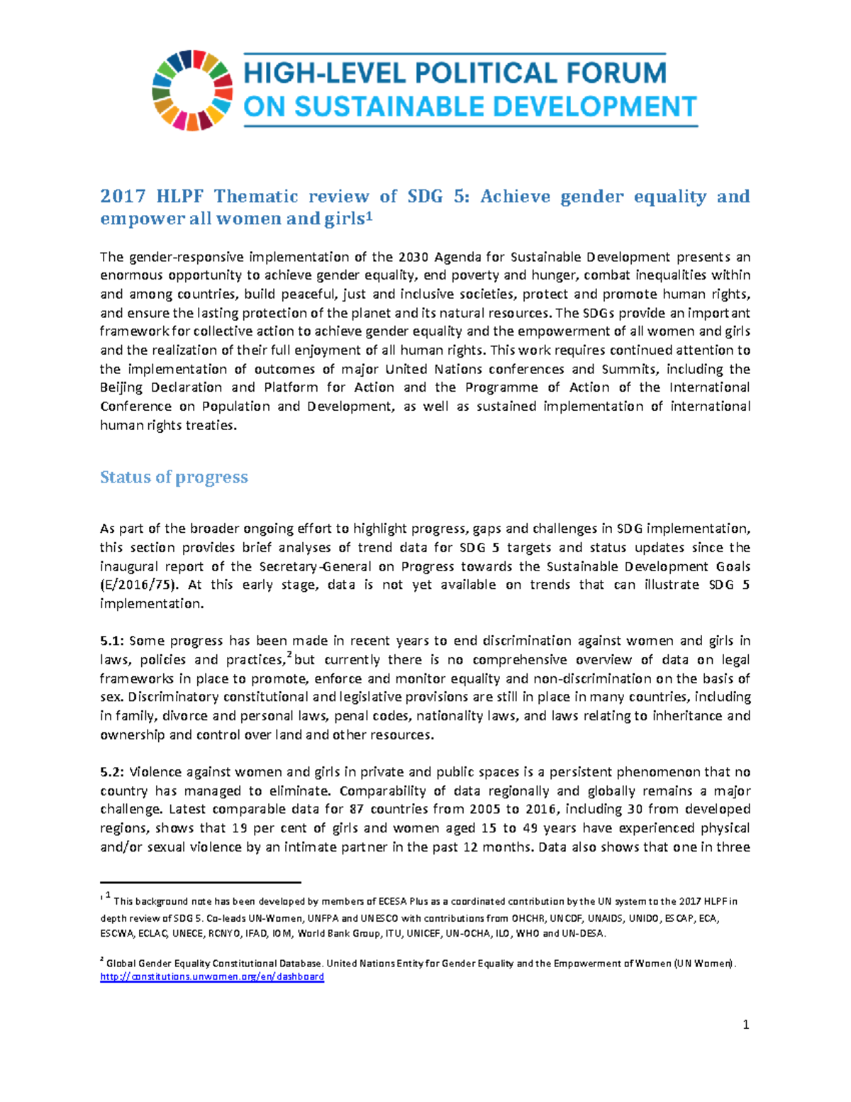 Achievements of SDG5 - 2017 HLPF Thematic review of SDG 5: Achieve ...