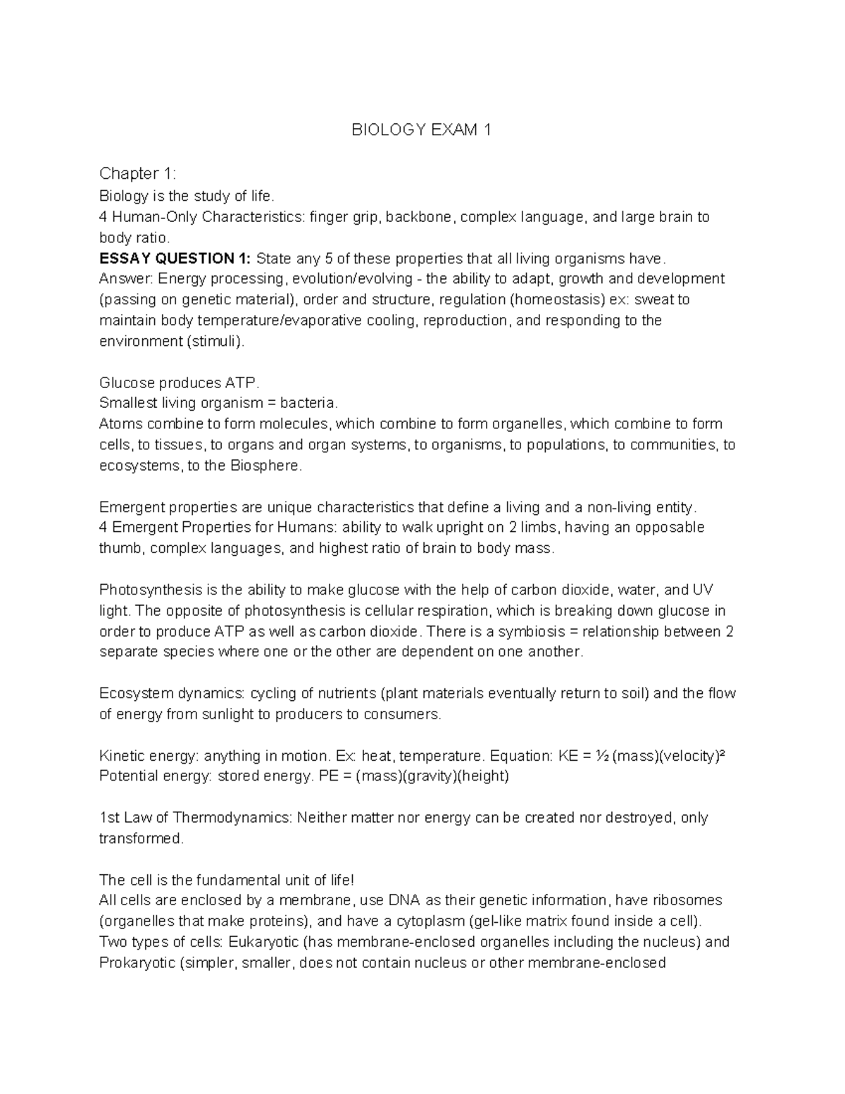 Important Biology Information to Note - BIOLOGY EXAM 1 Chapter 1 ...