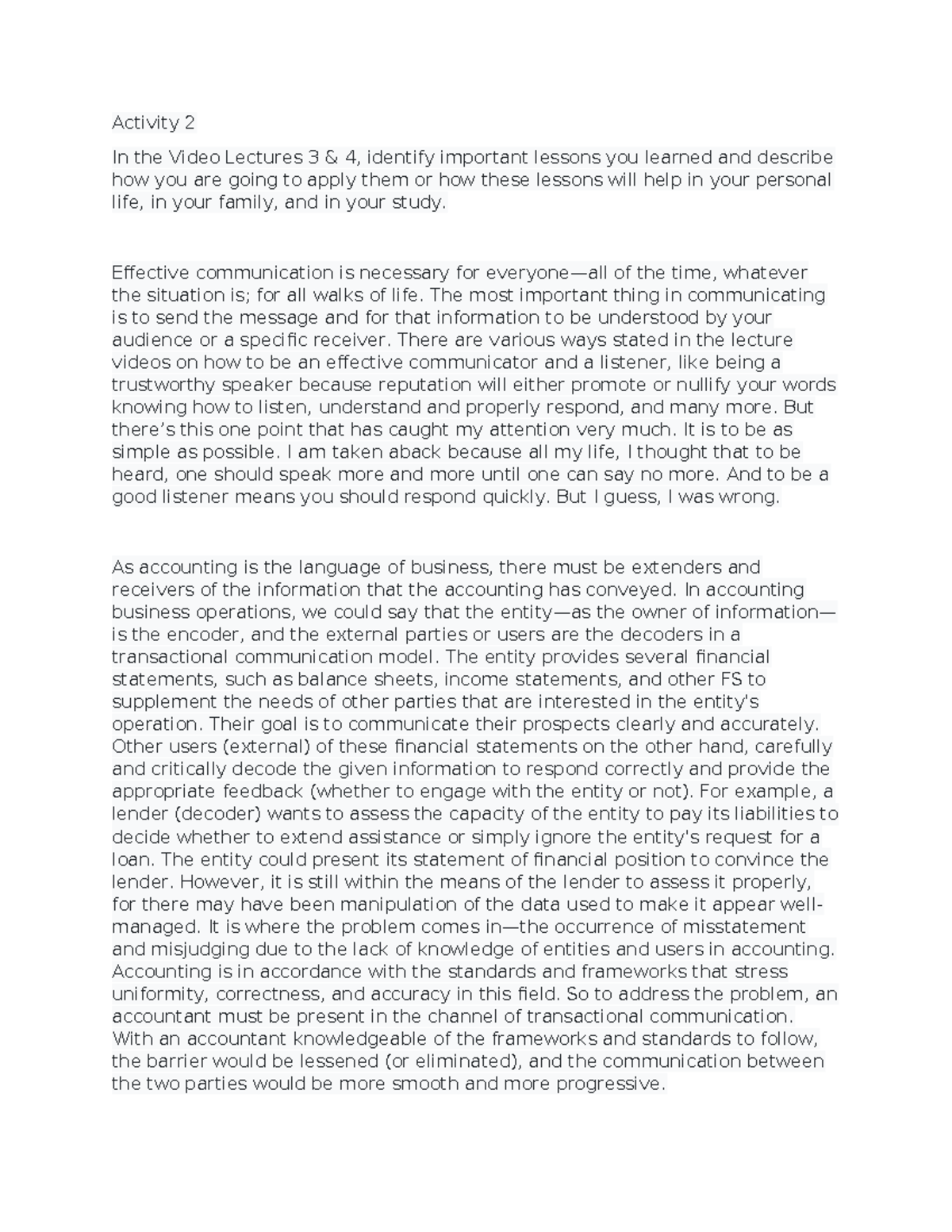 Purcom acitvity - Activity 2 In the Video Lectures 3 & 4, identify important lessons you learned ...