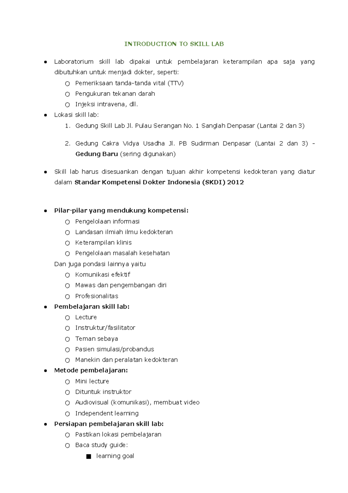 Introduction to Clinical Skill - INTRODUCTION TO SKILL LAB Laboratorium skill lab dipakai untuk ...