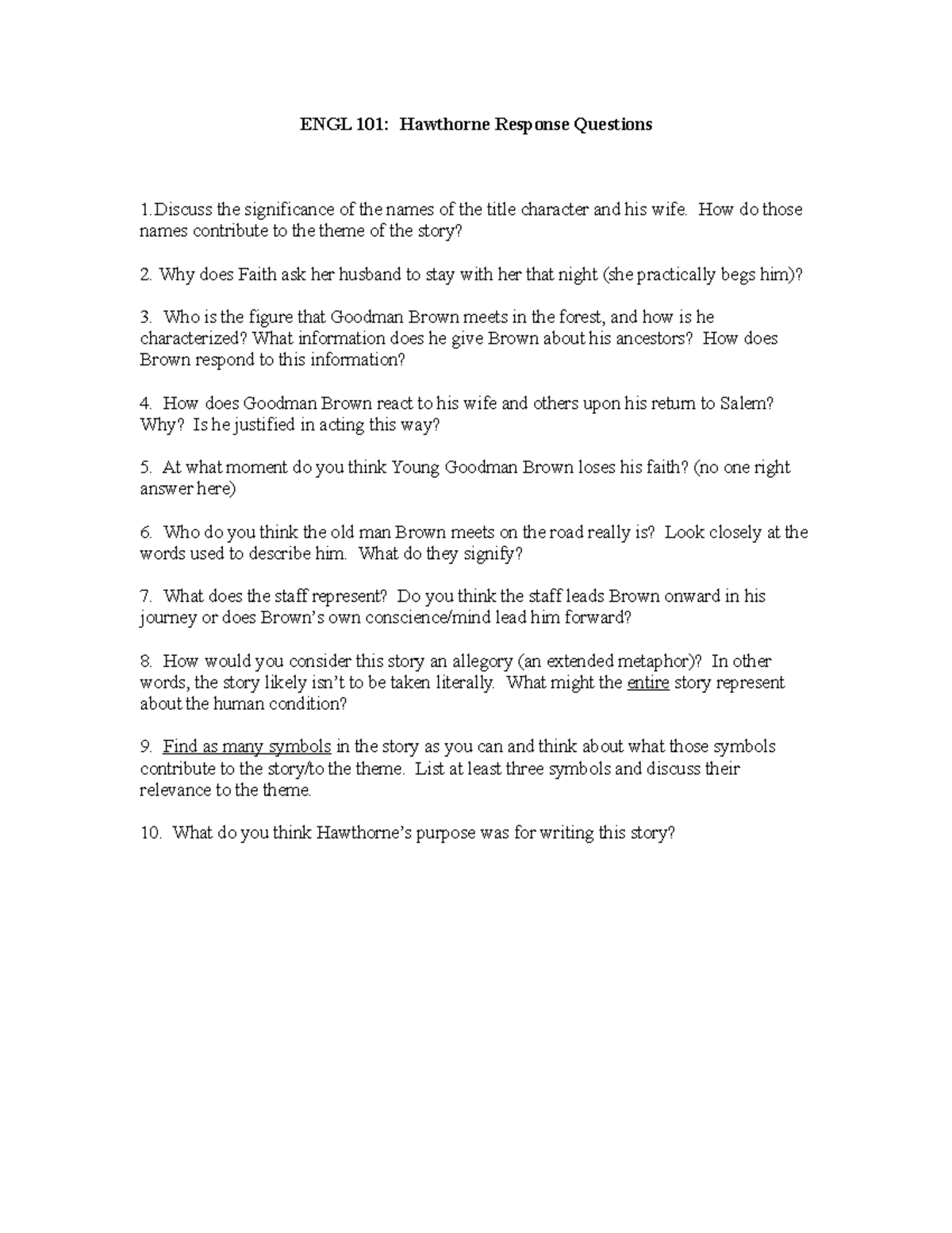 Young Goodman Brown questions - ENGL 101: Hawthorne Response Questions ...