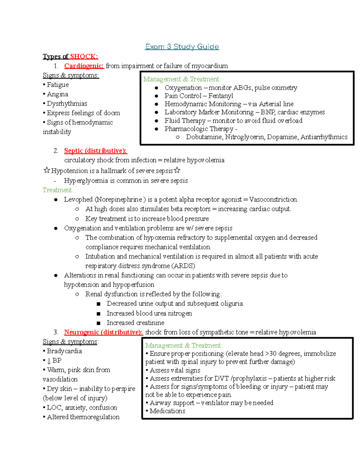 Exam 3 Adult Study Guide - Exam 3 Study Guide Types of SHOCK ...