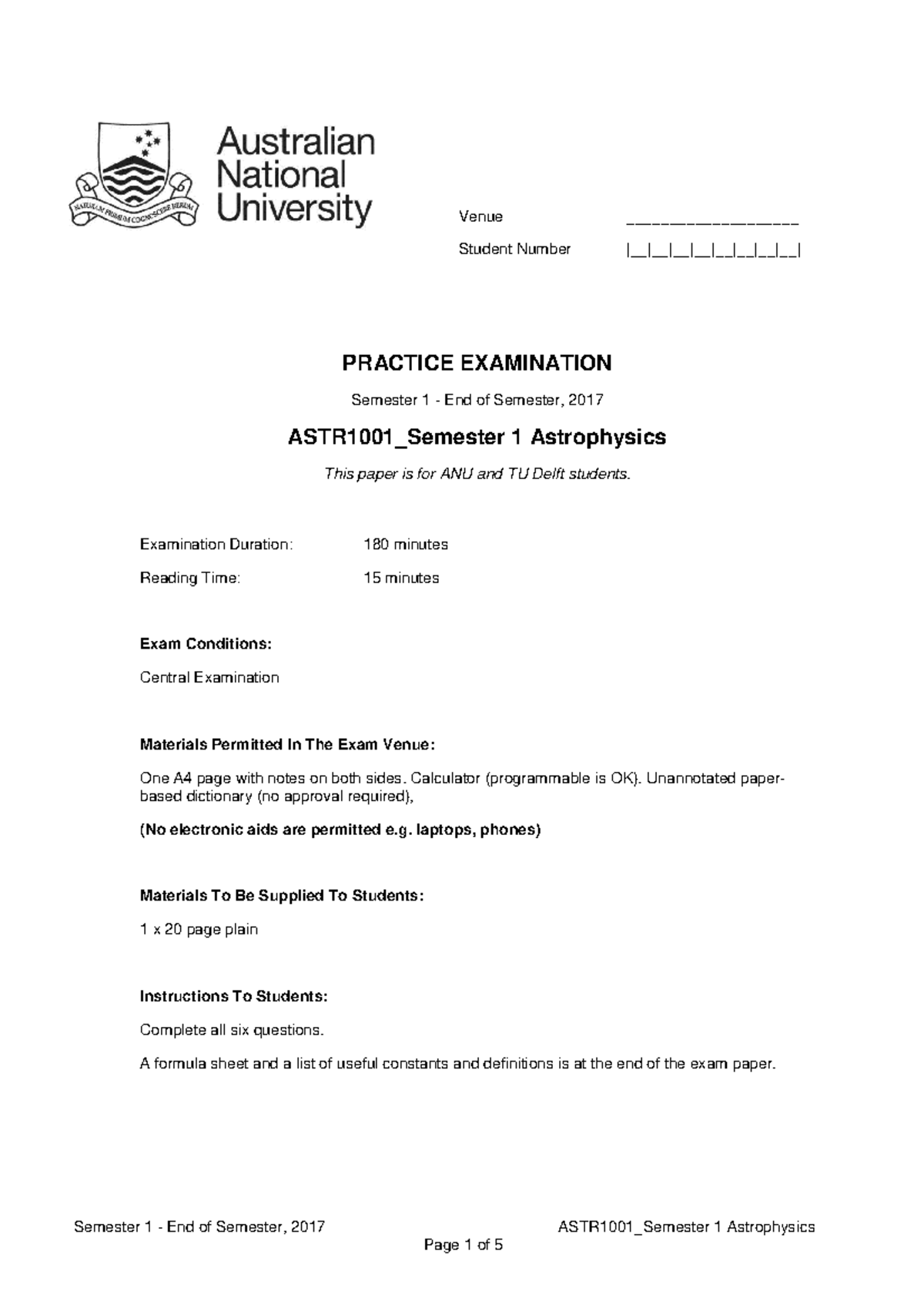 Sample/practice exam 2017, questions - PRACTICE EXAMINATION Semester 1 ...