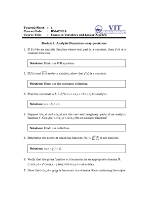 BMAT201L Tutorial Sheet Module 7 - BMAT201L-Complex Variables and Linear Algebra Tutorial Sheet ...