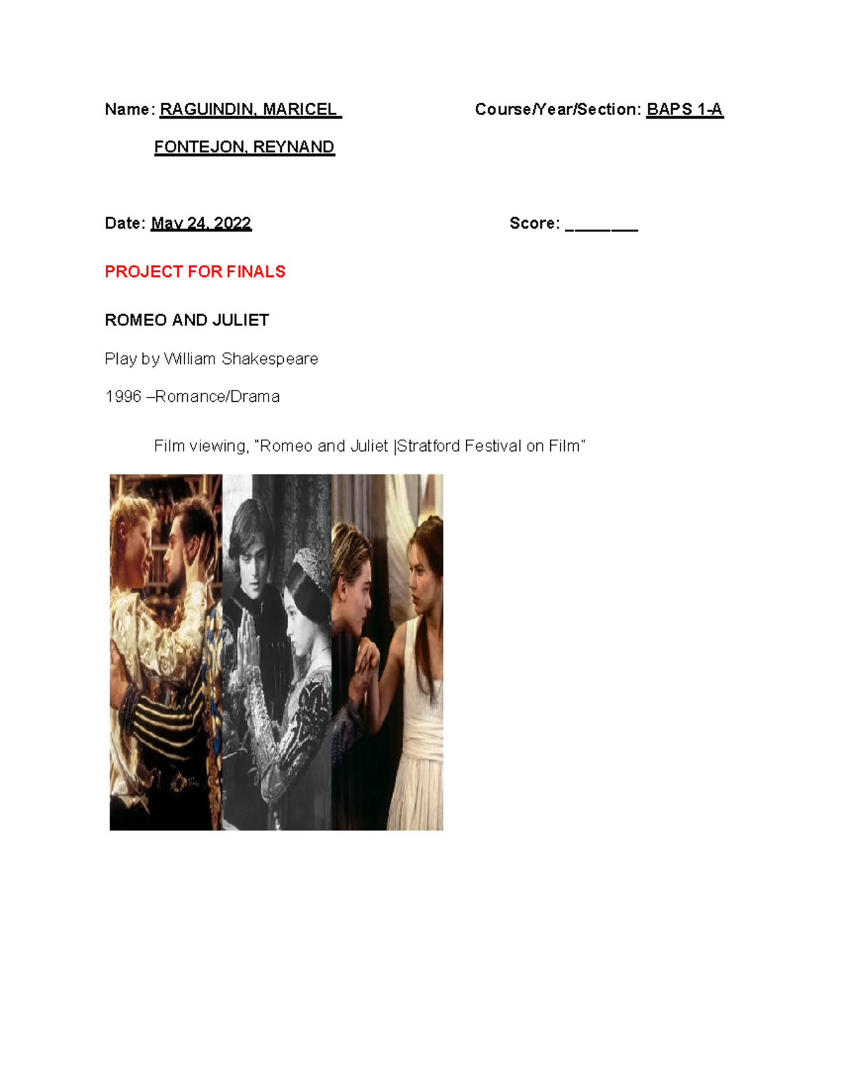 Project-FOR- Finals - It is all about the movie analysis of Romeo and ...