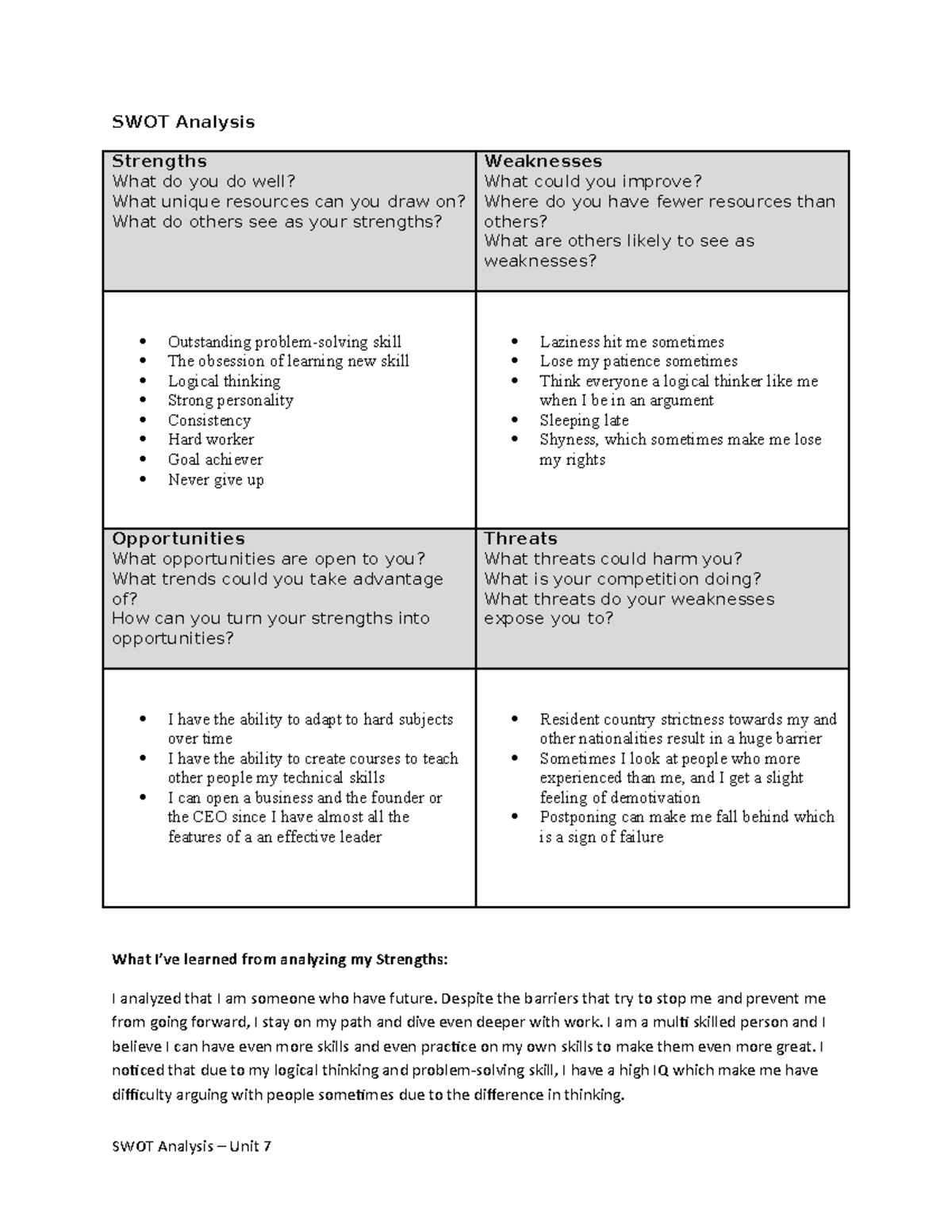 SWOT Analysis Worksheet - SWOT Analysis Strengths What do you do well ...
