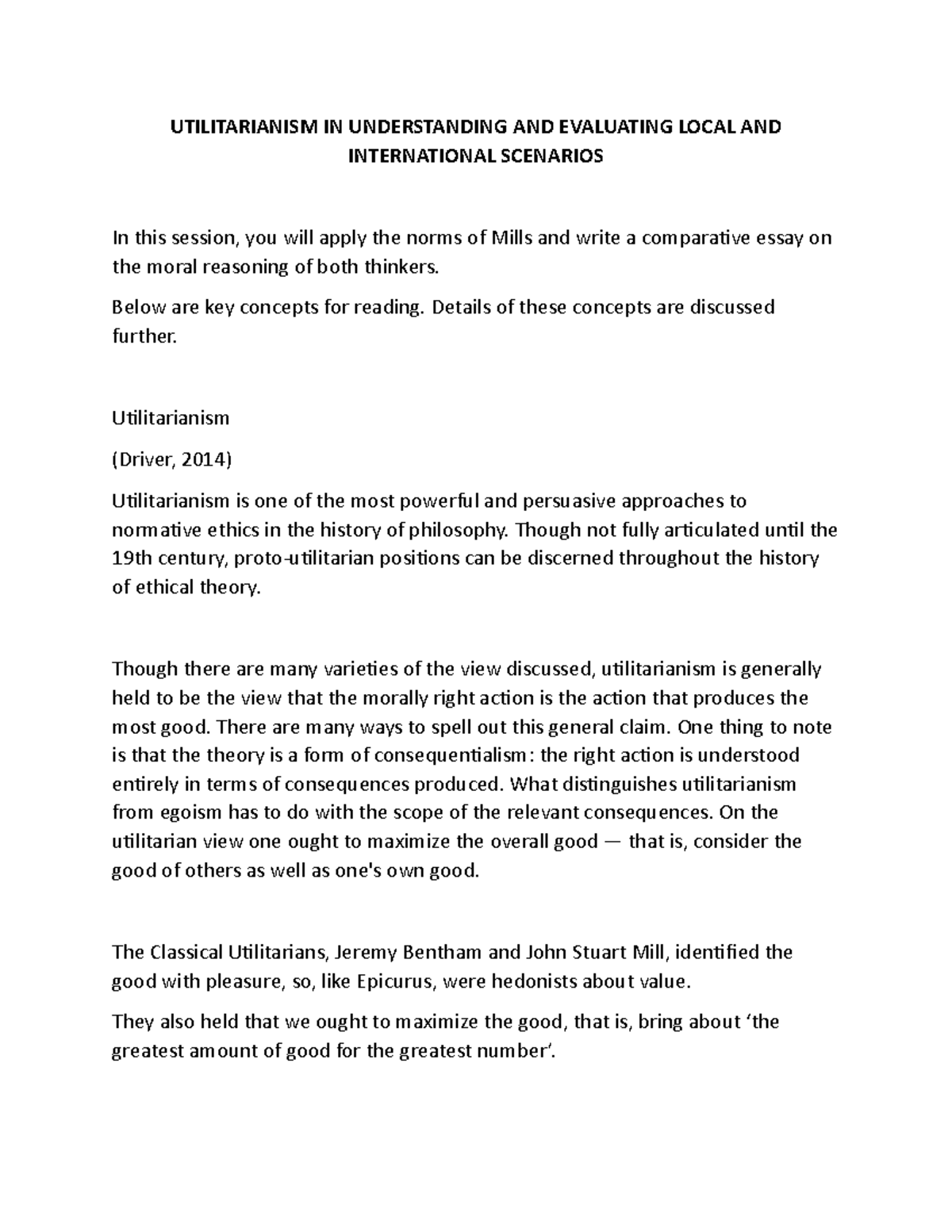 Utilitarianism IN Understanding AND Evaluating Local AND International ...