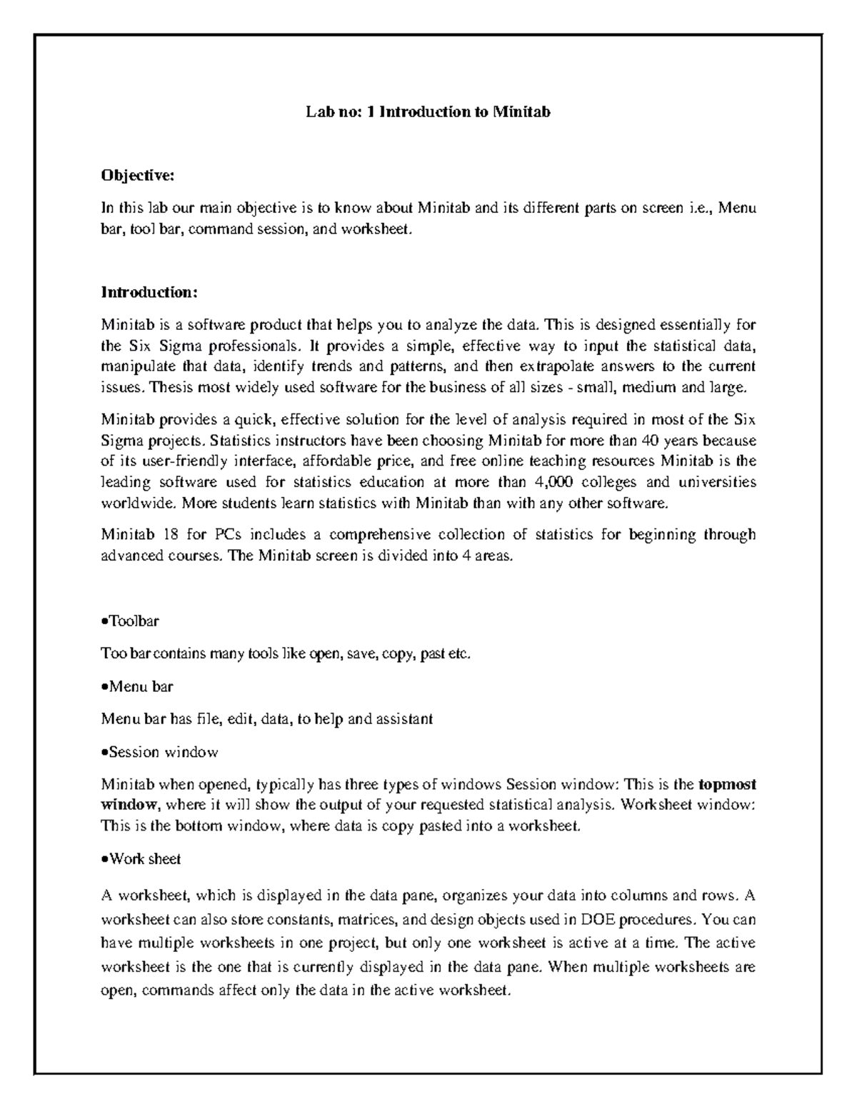 Lab No 1 - INTRODUCTION TO MINITAB - Lab no: 1 Introduction to Minitab Objective: In this lab ...