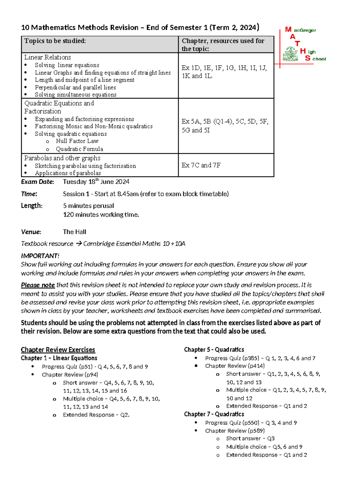 Year 10 MAM Term 2 Revision Sheet 2024 - 10 Mathematics Methods Revision – End of Semester 1 ...