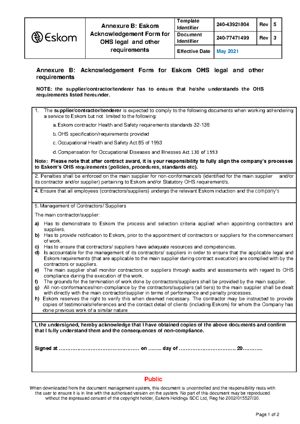 Acknowladgement for Eskom Rules Annexure B - Annexure B: Eskom ...