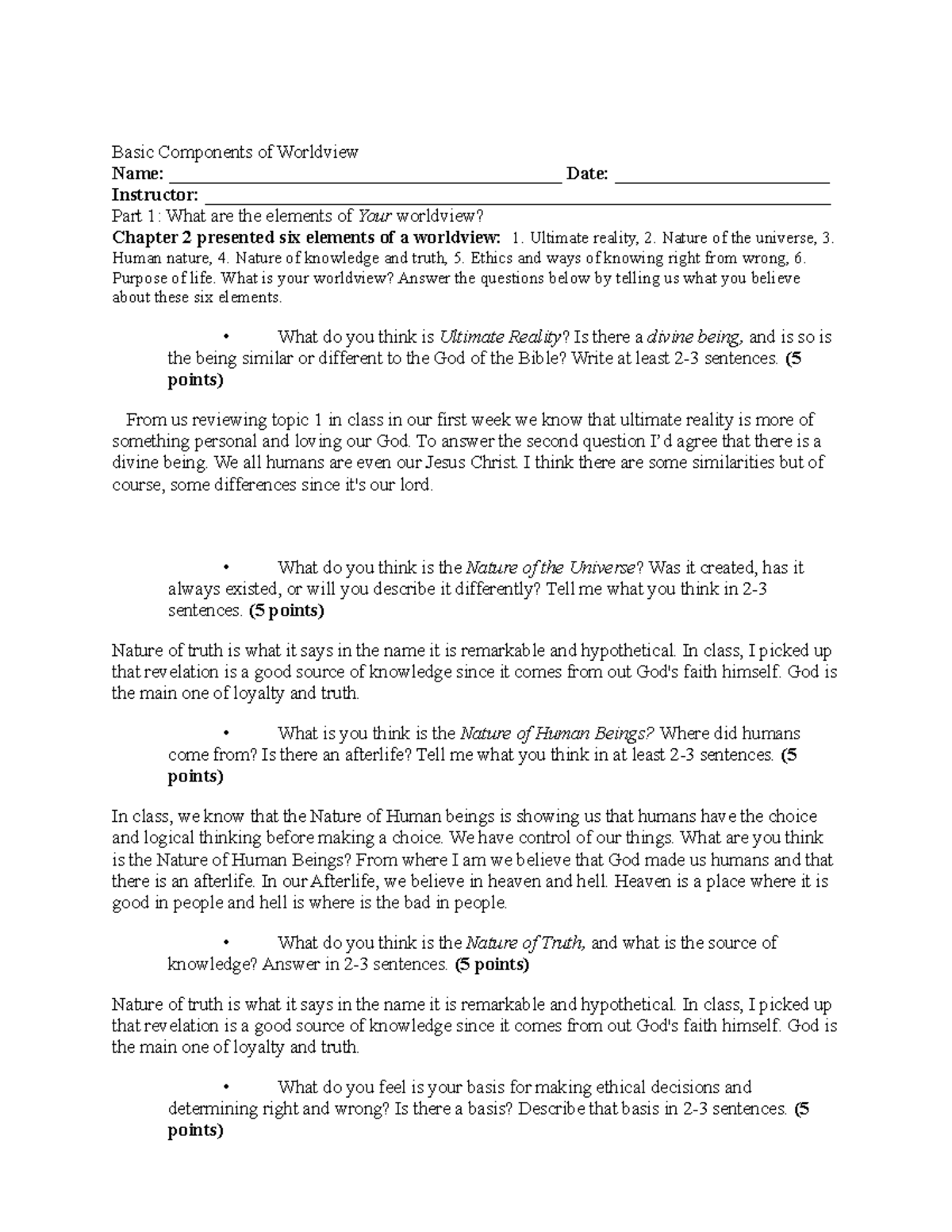 CWV-101 Topic 1 Assignment - Basic Components of Worldview Name: - Studocu