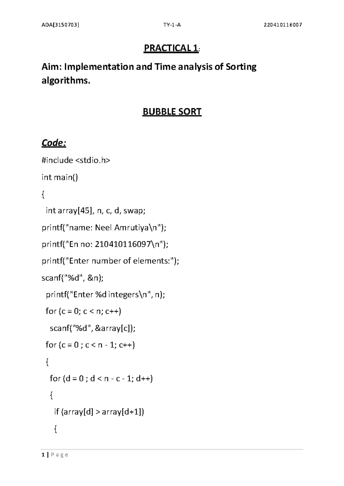ADA Submission file - Ada practical - PRACTICAL 1 : Aim: Implementation and Time analysis of ...