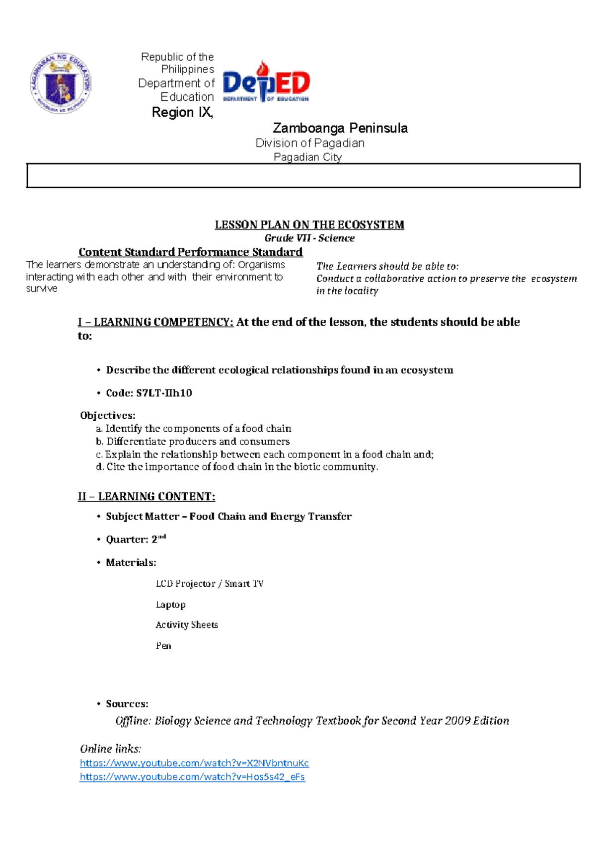 Lesson PLAN - Republic of the Philippines Department of Education ...