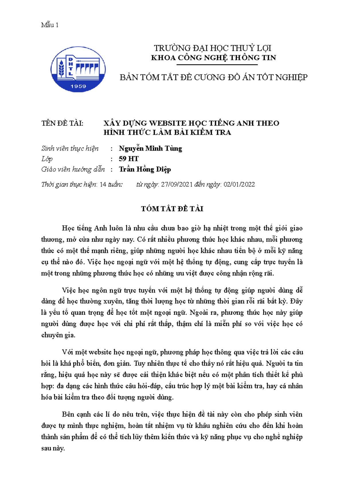 Tom Tat De Cuong DATN Nguyen Minh Tung 59HT - Mẫu 1 TRƯỜNG ĐẠI HỌC THUỶ LỢI KHOA CÔNG NGHỆ THÔNG ...
