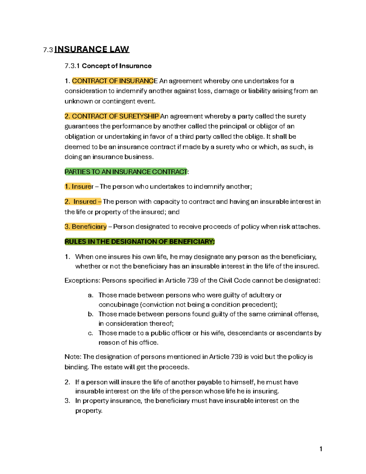 Law-321 Insurance-and-PDIC-Law-Essential-Notes - 7 INSURANCE LAW 7.3 ...