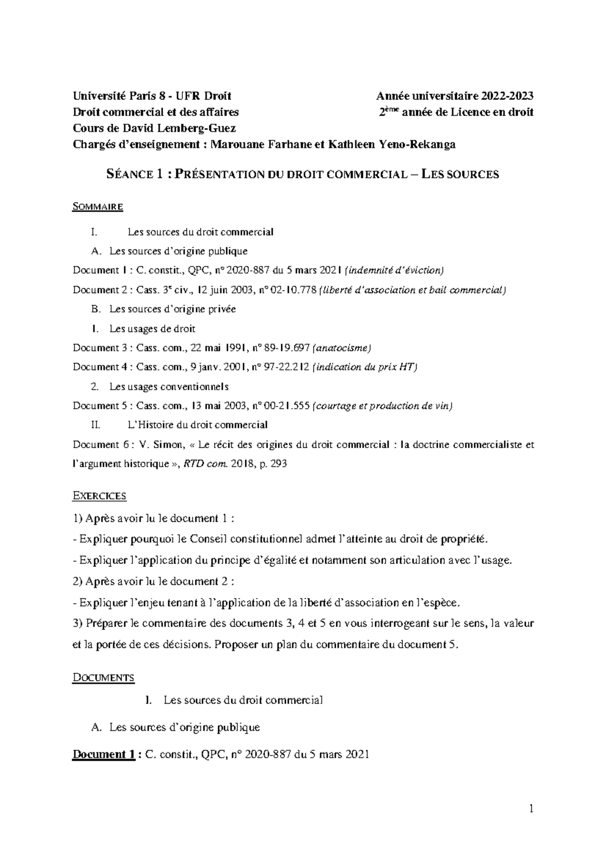 Fascicule de travaux dirigés de droit commercial et des affaires. David ...