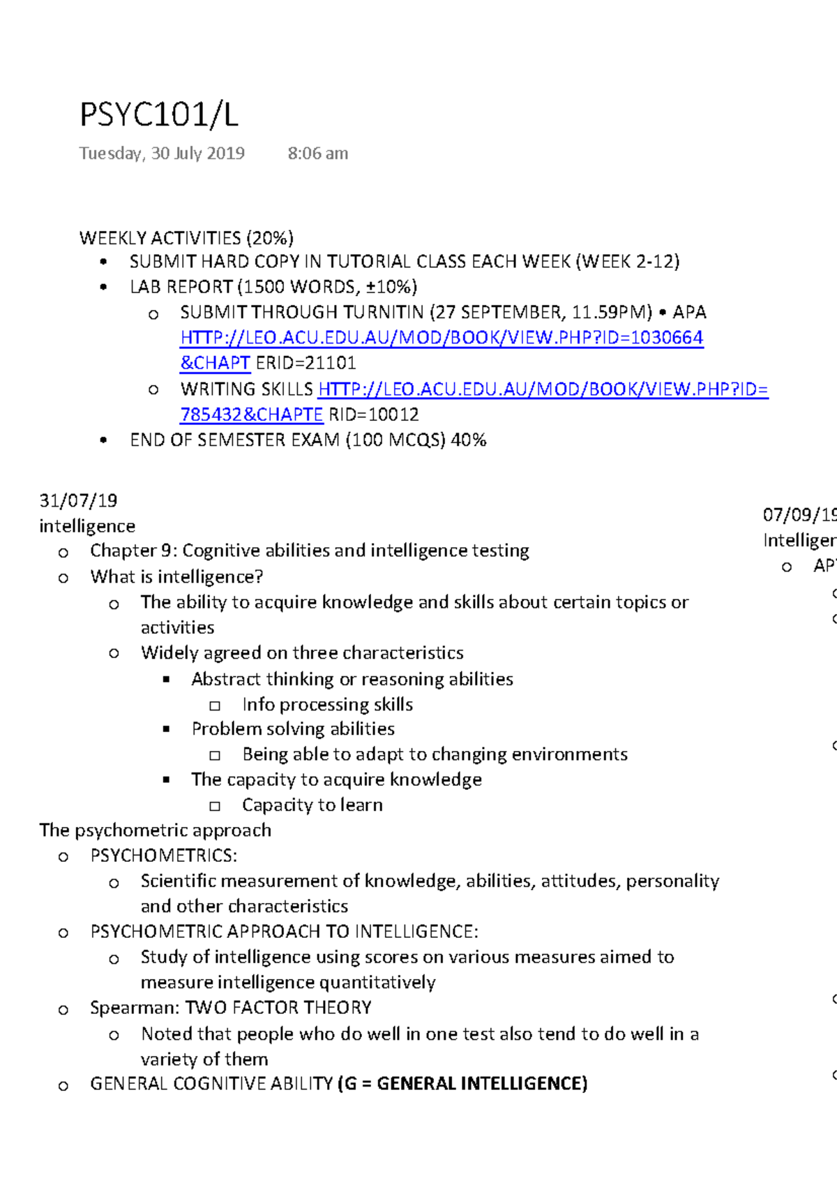PSYC101-Lecturenotes - WEEKLY ACTIVITIES (20%) • SUBMIT HARD COPY IN ...