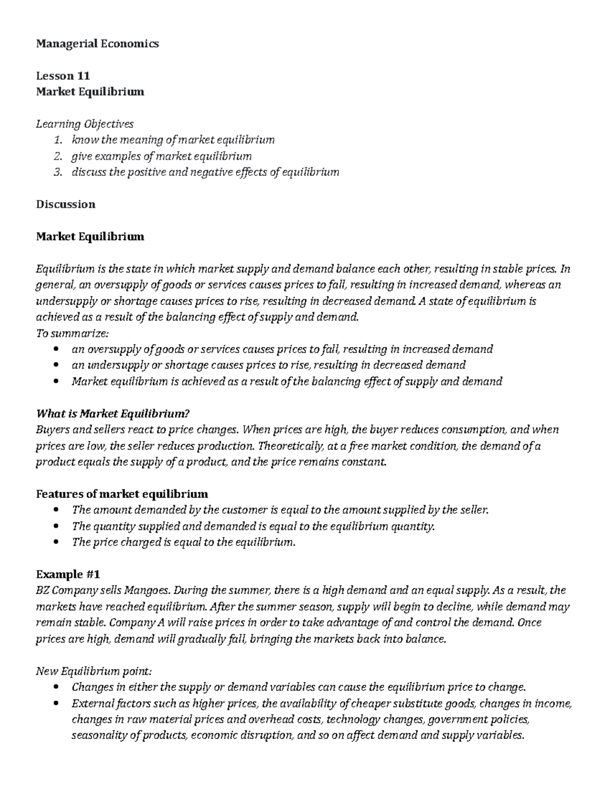 Market Equilibrium - Managerial Economics - Managerial Economics Lesson ...