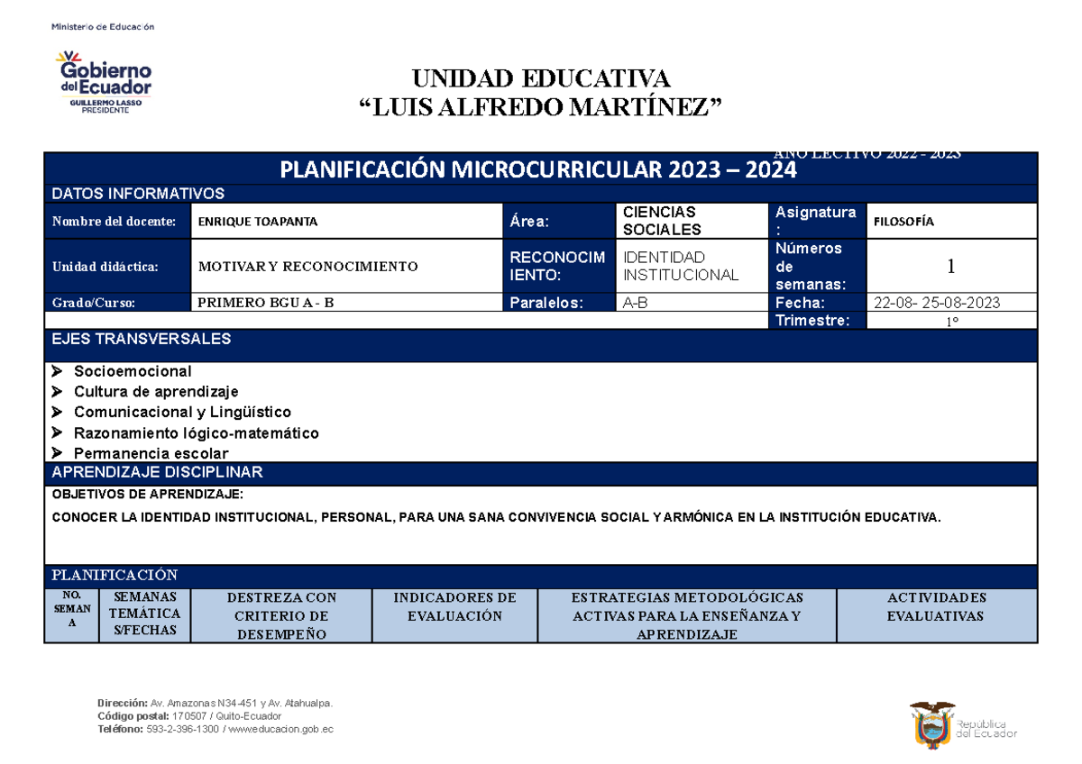 Planificación 9 Semanas 8VO - UNIDAD EDUCATIVA “LUIS ALFREDO MARTÍNEZ ...