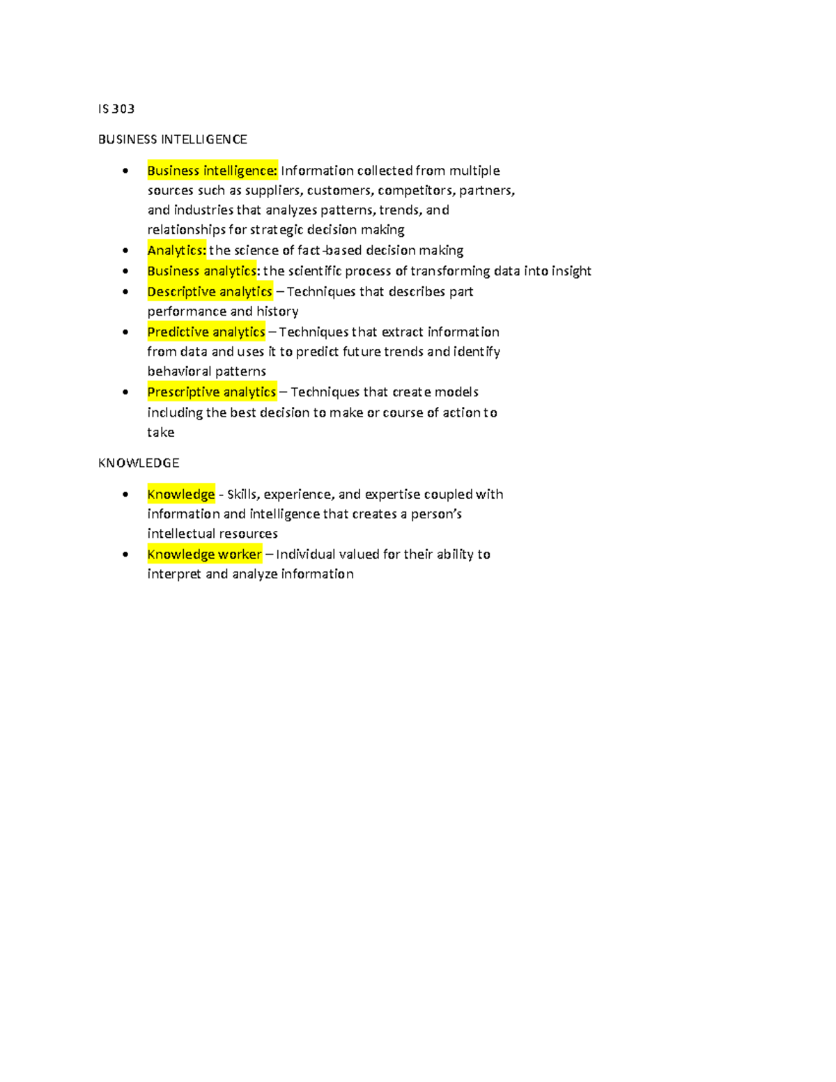 IS 303 Chapter notes - IS 303 BUSINESS INTELLIGENCE Business ...
