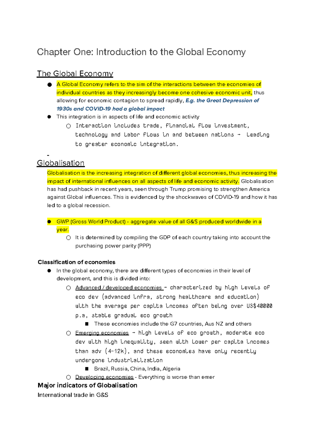 Eco HSC Research task 1 notes - Chapter One: Introduction to the Global ...