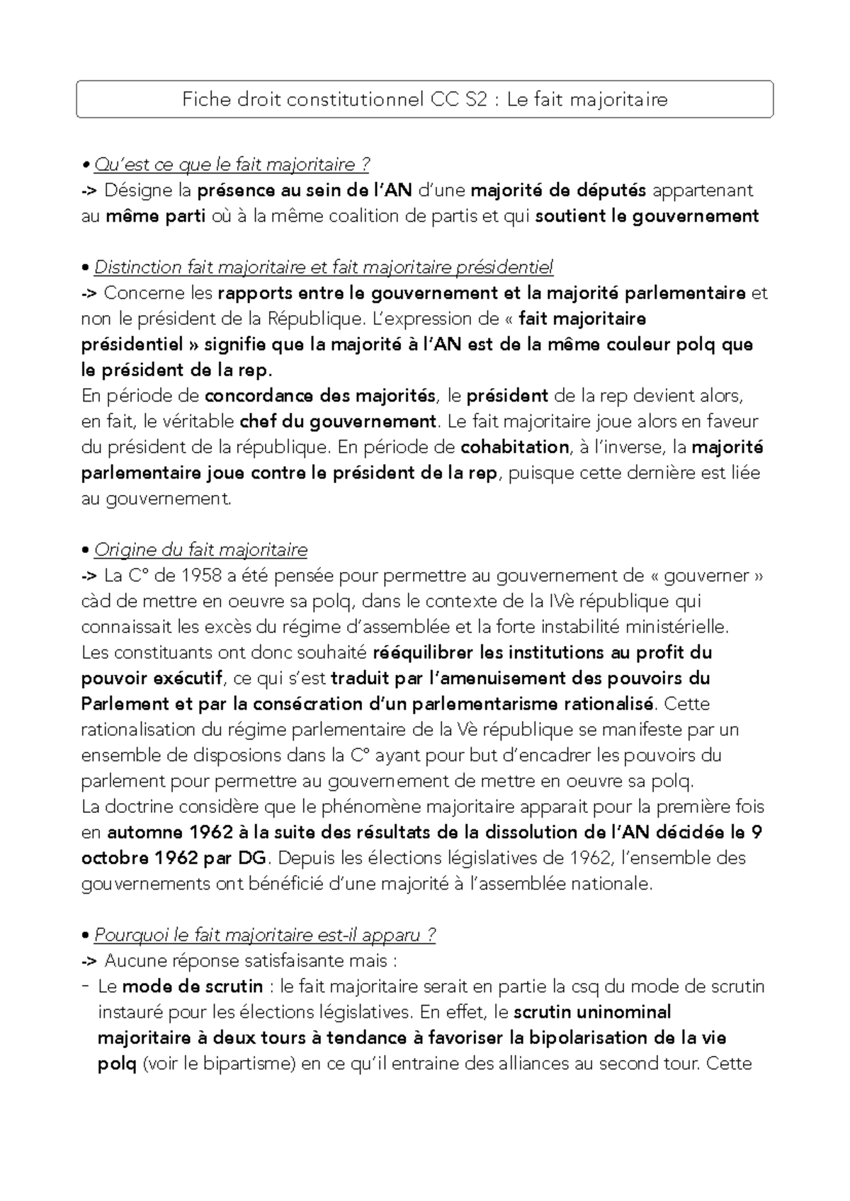 Fiche fait majoritaire pdf - Fiche droit constitutionnel CC S2 : Le ...