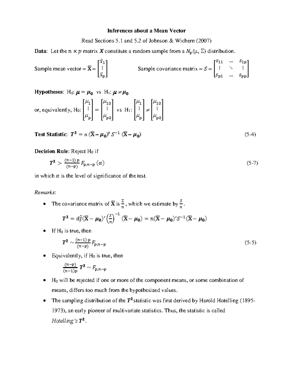 Inferences about a Mean Vector 2022 - Inferences about a Mean Vector ...