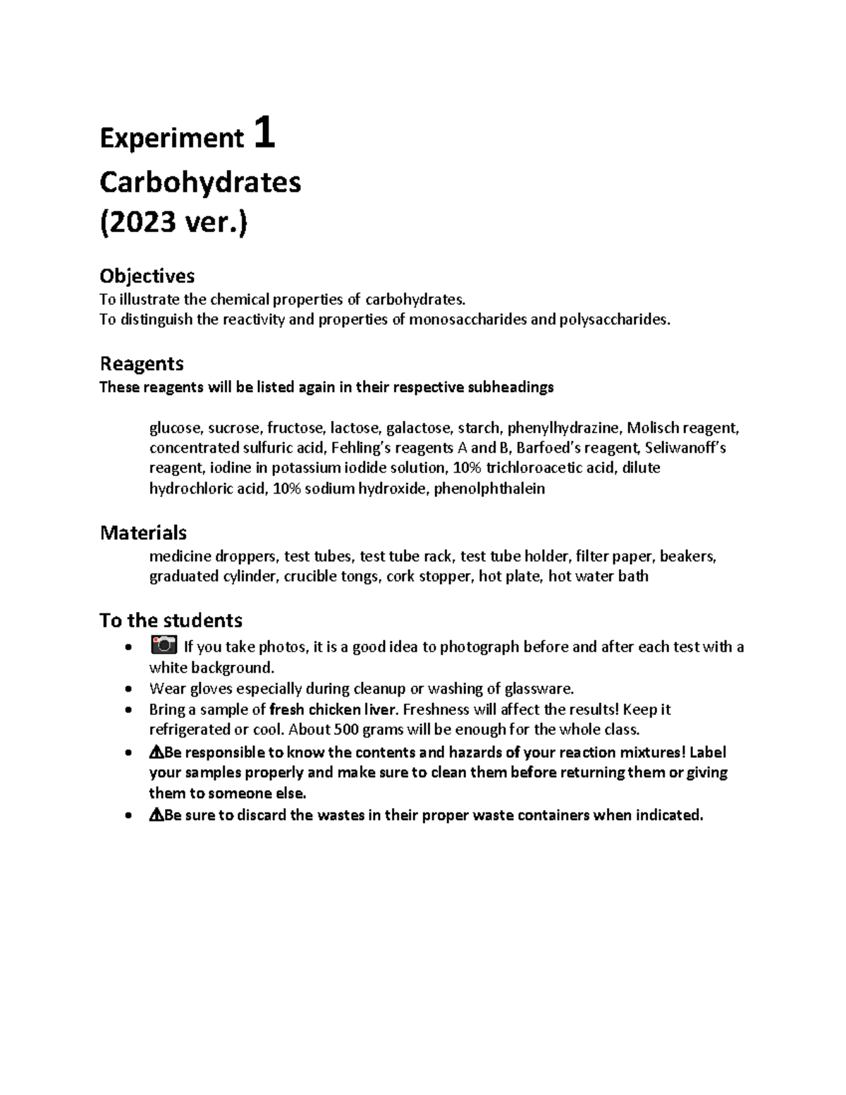 [Lab Manual] Biochem Lab 1 Manual 1-7 2023 - Experiment 1 Carbohydrates ...
