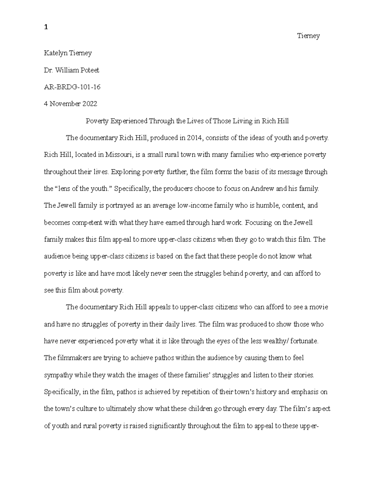 Paper 3 Katelyn Tierney - Tierney Katelyn Tierney Dr. William Poteet AR ...