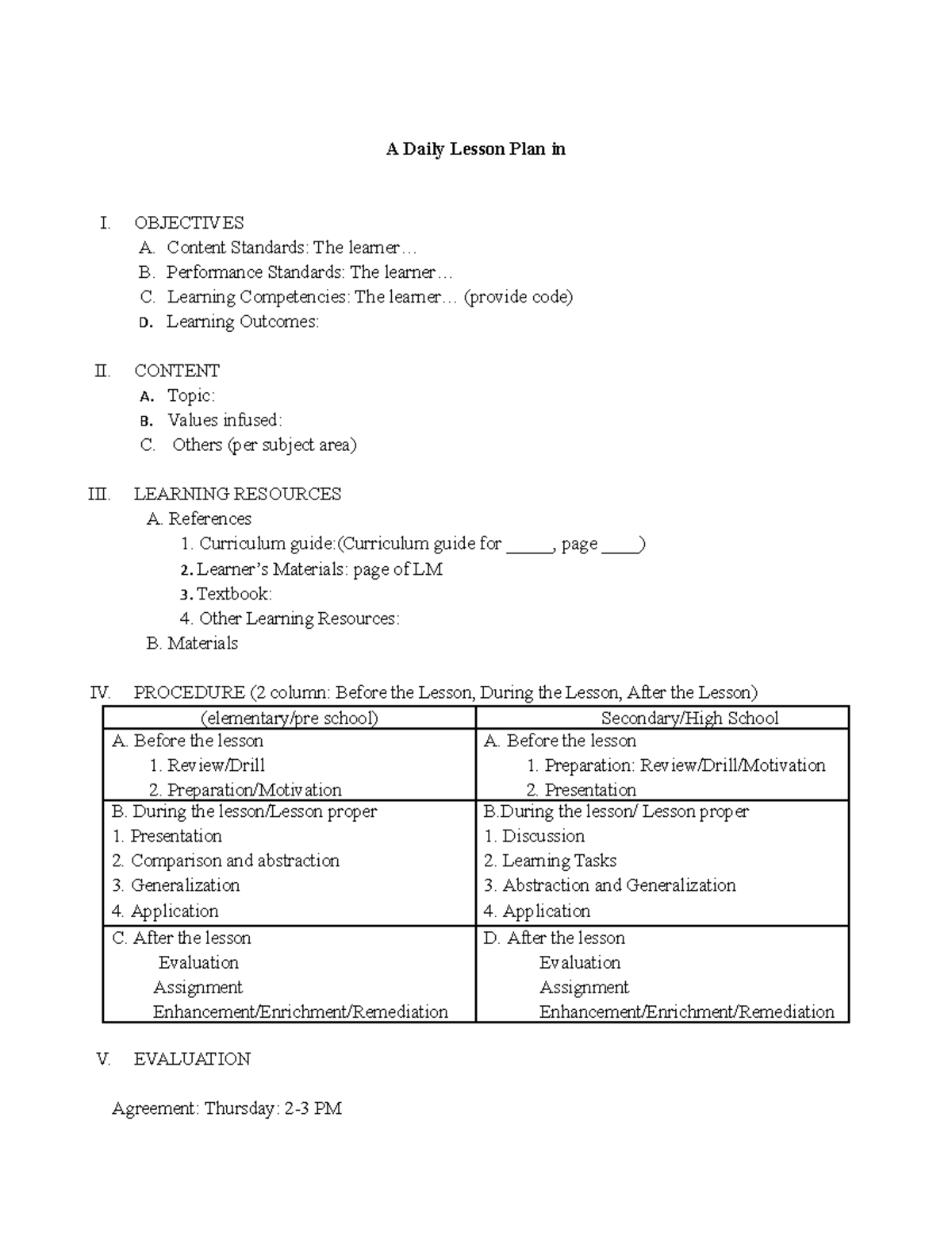 DRaft of Lesson Plan - A Daily Lesson Plan in I. OBJECTIVES A. Content ...