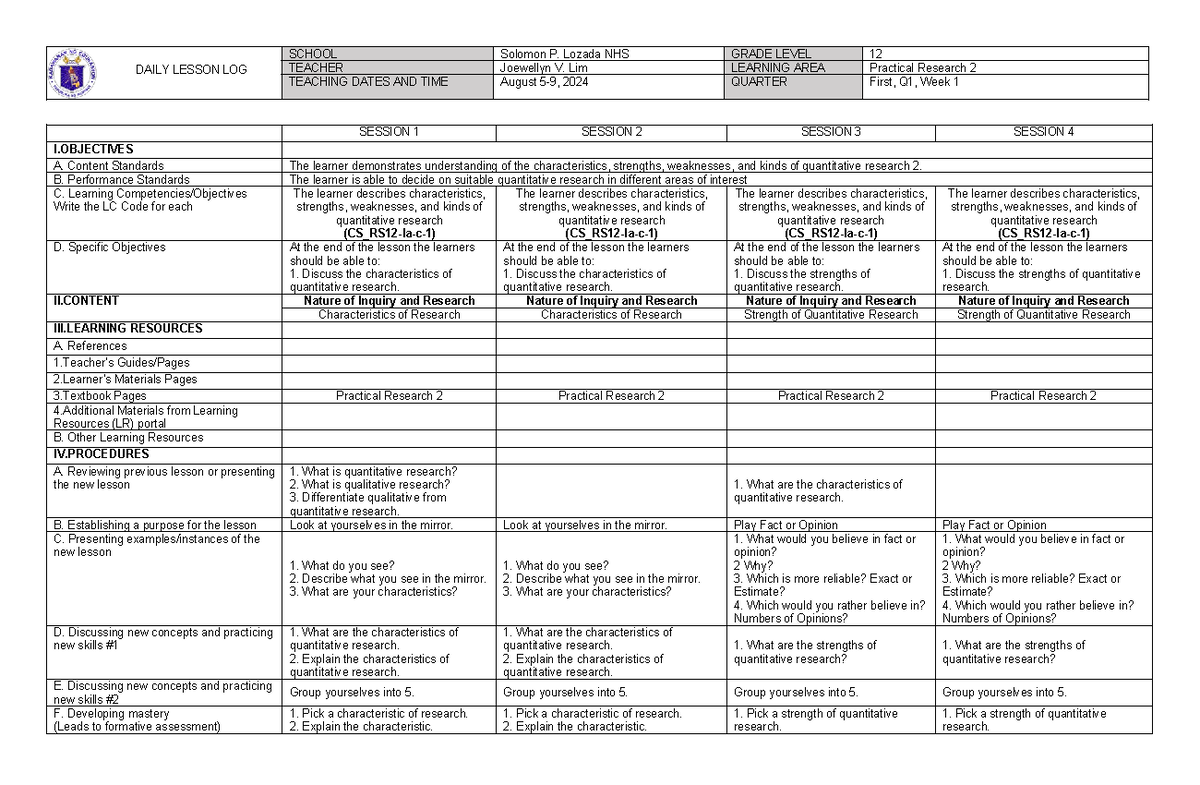Dll Pr2 Week 2 Sample Dll Daily Lesson Log School Solomon P Lozada Nhs Grade Level 12 
